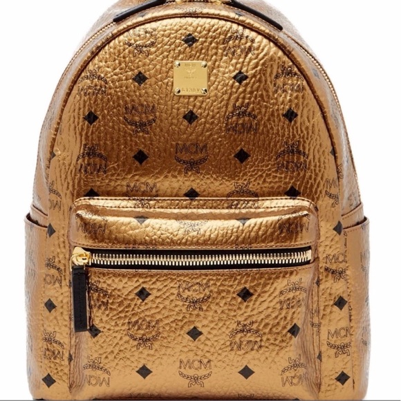MCM | Bags | Mcm Metallic Gold Backpack With Black Details Authentic ...